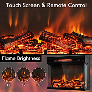 Tangkula 23-Inch 3-Sided Electric Fireplace Insert with Remote Control, 1500W Fireplace Heater with Thermostat, Adjustable Brightness, 8H Timer, Overheat Protection