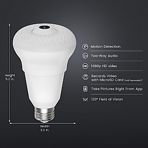 Feit Electric Smart Rotating Light Bulb with Wireless Camera, Motion Sensor, Night Vision, and 2-Way Speaker, 40W Equivalent, E26 Base, 5000K Daylight, 15,000-Hour Lifetime, A450/850/CAMWIFI/LED