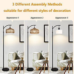 LAMSU Arc Floor Lamp with Remote Control, Boho Rattan Floor Lamps, Dimmable Farmhouse Standing Lamp with Bulb, Rattan Fabric Double Shades, Rustic Adjustable Tall Lamps for Living Room Bedroom Office