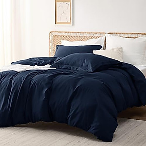 Bedsure Navy Duvet Cover Queen Size - Polyester & Rayon Derived from Bamboo Cooling Duvet Cover Set (90" x 90"), 3 Pieces with 2 Pillow Shams, Comforter Not Included