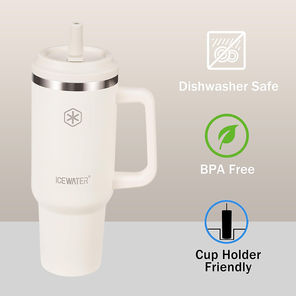 ICEWATER 40 oz Tumbler with 2 Lids (Flip & Standard Straw),100% Leak Proof Insulated Tumbler with Handle, Cup Holder Friendly, Stainless Steel Water Bottle, Gifts for Women & Men (Cream)