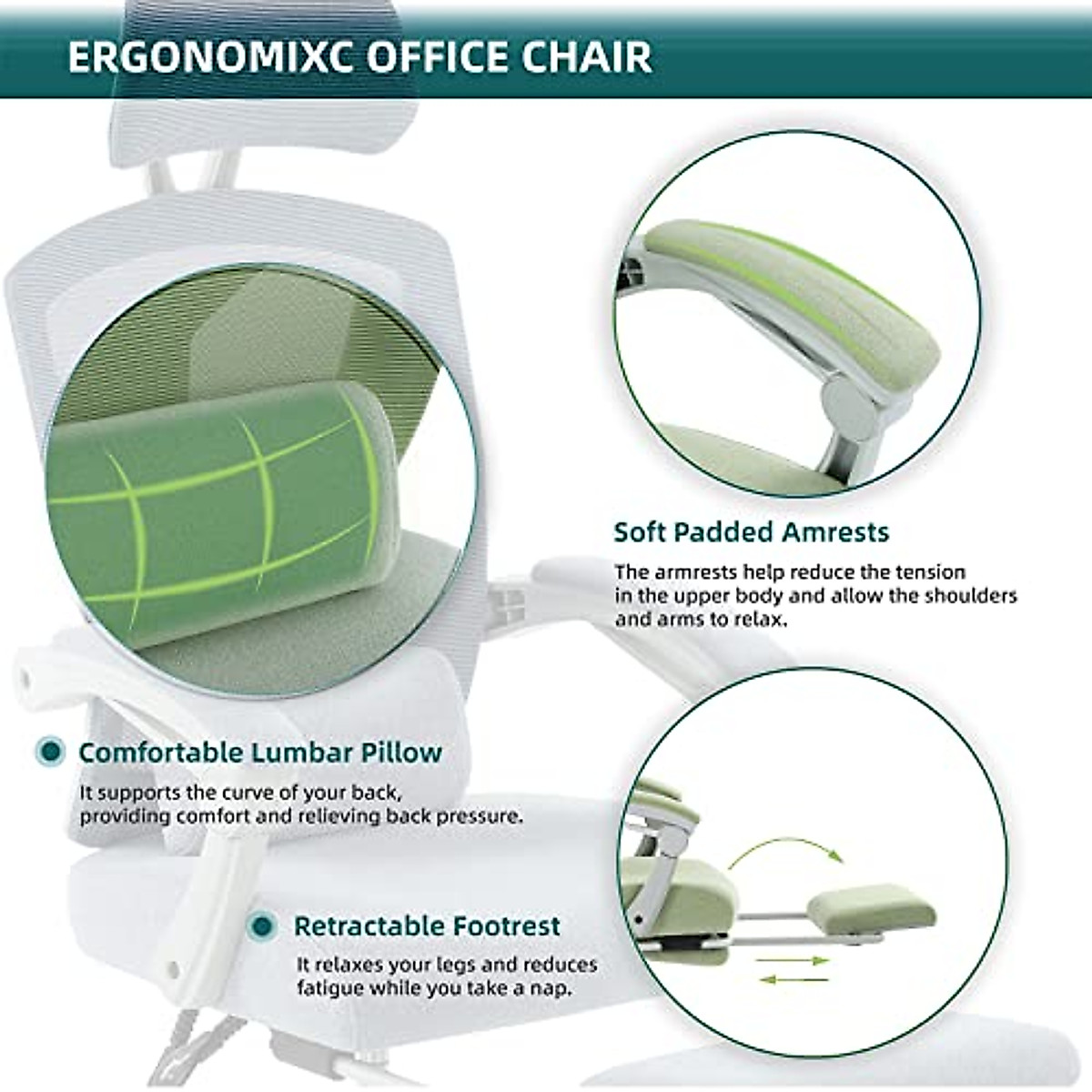 Sweetcrispy Swivel Rolling Padded Armrests Headrest, High Back Lumbar Pillow and Retractable Footrest Ergonomic Home Office, Height Adjustable Reclining Mesh Chair, Green