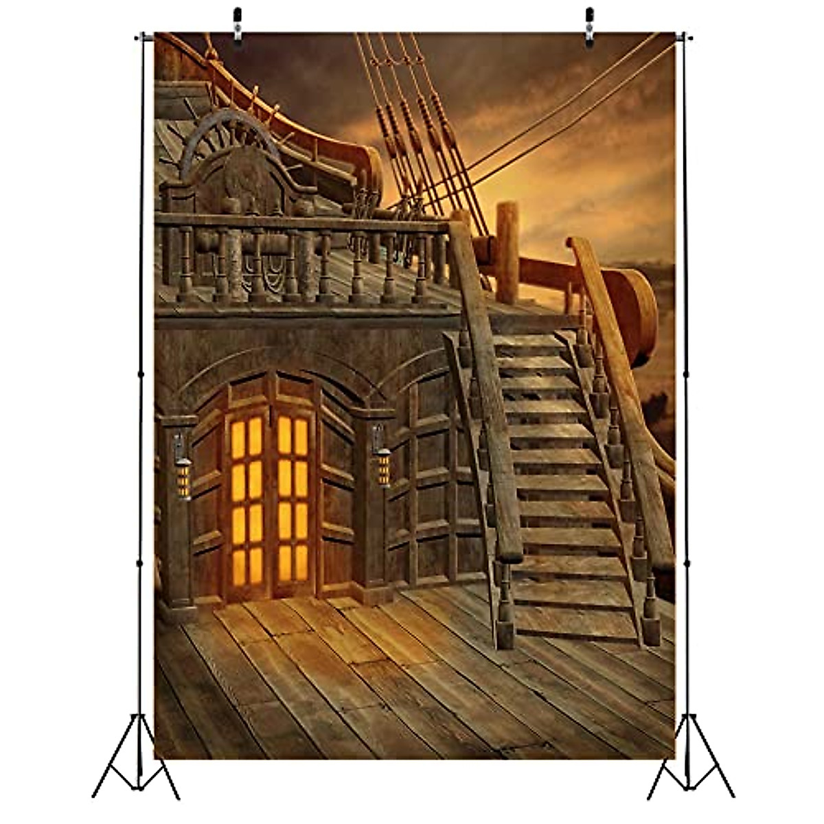 CORFOTO Fabric 3x5ft Sailing Backdrop Theme Photography Pirate Ship Deck Attic Stairs Background for Boy Girl Adult Portrait Photoshoot Birthday Party Bridal Shower Room Tapestry Pet Photo Booth