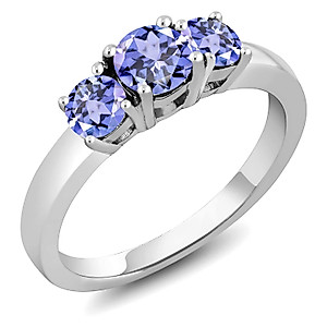 Gem Stone King 925 Sterling Silver Blue Tanzanite Engagement Ring | 1.06 Cttw | Round 5MM and 4MM | Gemstone Birthstone | 3 Stone Wedding Engagement Anniversary Promise Ring For Women (Size 8)