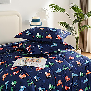 Yibeizi Car Kids Comforter Set for Boys Twin, Cute Reversible Quilted Navy Blue Printed Construction Toddler Bedding Set with Pillow Sham, Lightweight Soft Breathable Machine Washable Bed Set 2 Piece