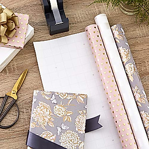 Hallmark Premium Wrapping Paper with Cut Lines on Reverse (3 Rolls: 85 sq. ft. ttl) Gold Hearts, Rose Flowers, White Stripes for Birthdays, Weddings, Mother's Day, Valentine's Day, Bridal Showers
