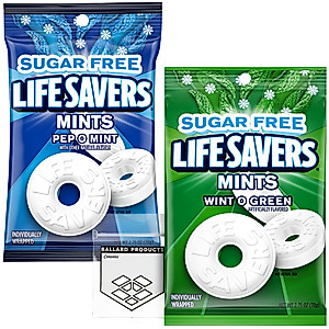 Sugar Free Lifesavers Mints Variety Pack - Sugar Free Lifesaver Mints - 2 Flavors - Life Savers Wint O Green and Life Savers Pep O Mint - Bundle with Ballard Products Pocket Bag (2 Pack)