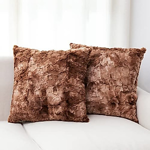 Cheer Collection Faux Fur Throw Pillow Set of 2 for Couch, Beds, Bedroom and Living Room - Ultra Soft and Cozy, Elegant Home Decor, Stylish Accent Pillows - 18" x 18", Brown & White