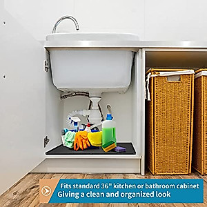 Sanbege Under Sink Mat Liner 34" x 22", Kitchen Cabinet Protector Tray with Drain Hole, Multipurpose Silicone Waterproof Mat for 36" Cabinet or Crafting, Pet Bowls, Floor Organization (Black)