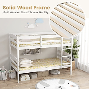 Giantex Bunk Bed Twin Over Twin, Solid Wood Detachable Bed Frame with High Guardrails & Integrated Ladder, Wooden Slatted Bunk Bed for Kids & Teens, No Box Spring Needed, White