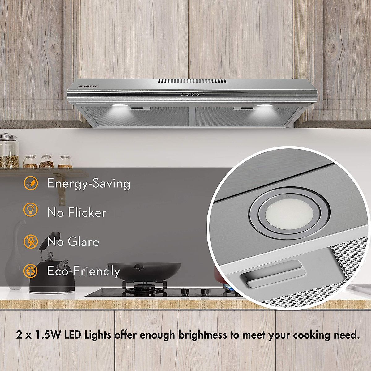 FIREGAS Under Cabinet Range Hood 30 inch, Ducted/Ductless Convertible Kitchen Hood Over Stove Vent, LED Light, 3 Speed Exhaust Fan, Reusable Aluminum Filters, Push Button, with Charcoal Filter