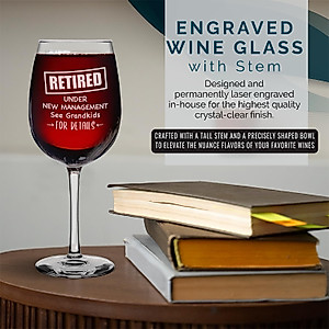 shop4ever Retired Under New Management See Grandkids For Details Engraved Stemmed Wine Glass 16 oz. Funny Retirement Gift for Grandma Grandpa