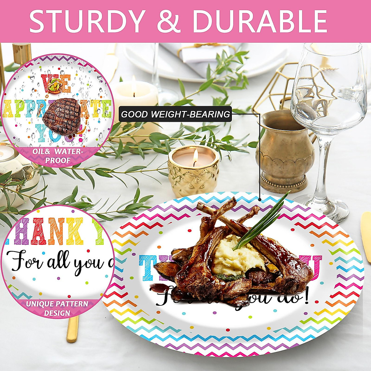 50 PCS Thank You Party Decoration We Appreciate You Oval Paper Plates 11inch Large Volunteer Teacher Appreciation Platters, Be Thankful to Teacher Doctor Staff Dish Tray for Graduate Party Tableware