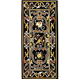 48" X 30" Inch Natural Black Marble Dining Table Pietra Dura Floral Marquetry Patio Table, Outdoor Furniture Table, Italian Style Table