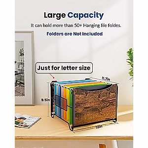 Oterri Hanging file box,Large Hanging File Organizer, Rustic Wood & Metal File Storage Organizer, Letter Size Hanging File Holder, Brown Filing Crate for Office&School (No Folders)