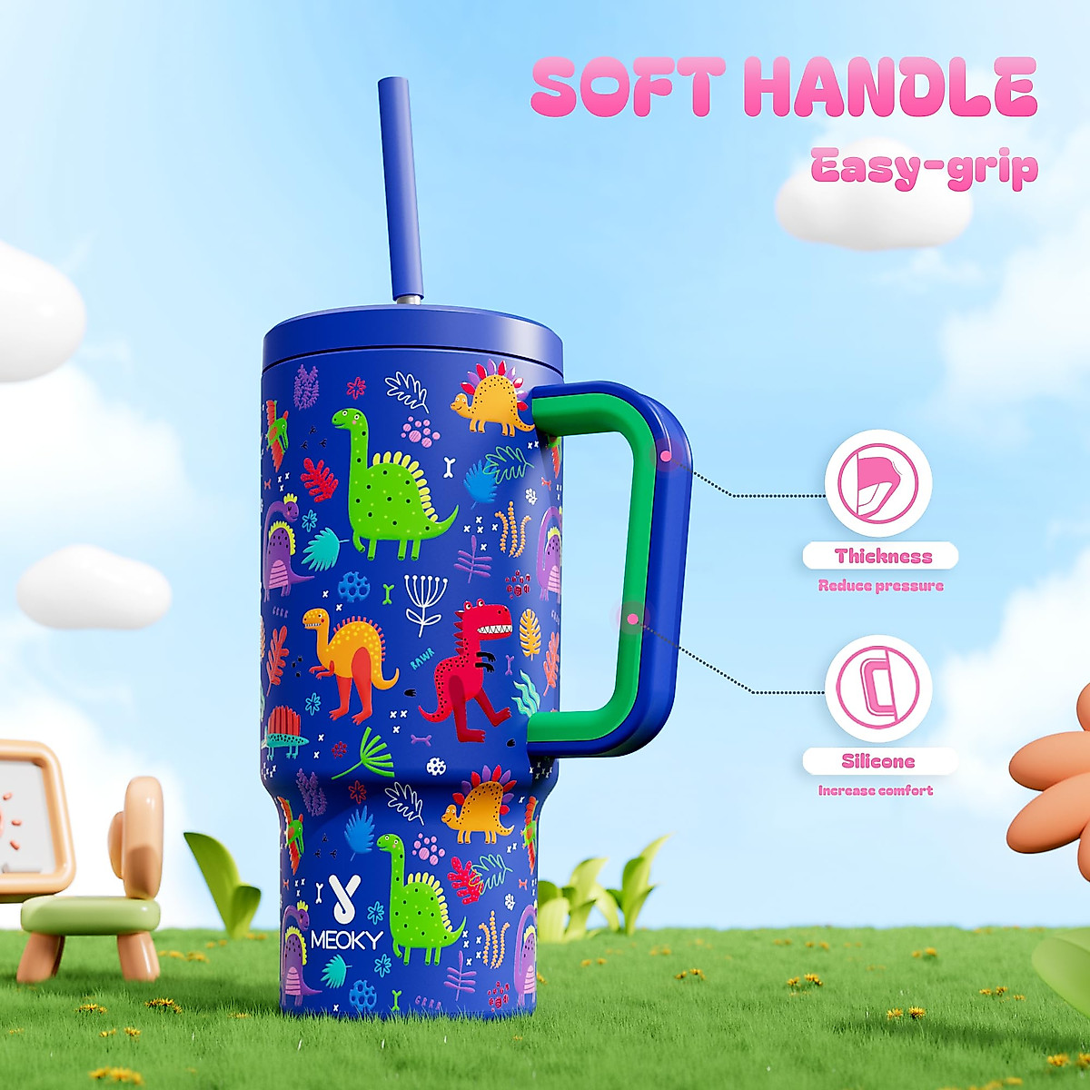 Meoky 24 oz Tumbler with Handle and Straw, 100% Leak-proof Tumbler with Lid and Straw, Insulated Stainless Steel Travel Coffee Mug, Keeps Cold for 24 Hours (Dinosaur & Flamingo)