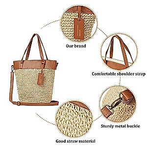 Straw Handbag for Women, JOSEKO Weaving Shoulder Bag Outdoor Casual Cross Body Bag Top Handle Satchel Off White 12.60''L x 7.87''W x 11.02''H