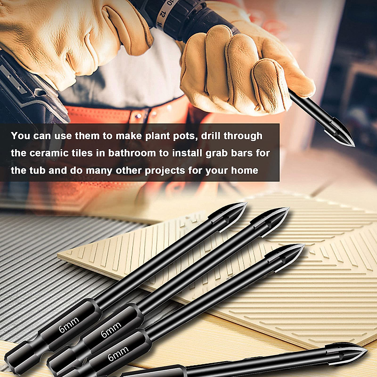 10Pcs Masonry Drill Bits Set, 6mm Glass and Tile Drill Bit, 1/4 Hex Shank Tungsten Carbide Tip Drilling Tools for Mirror Ceramic Tile on Concrete and Brick Wall