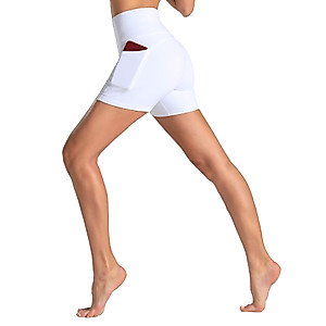 Wjustforu Women's 5" High Waist Biker Shorts Tummy Control Compression Yoga Short Tight Shorts for Workout Running (White, Medium)