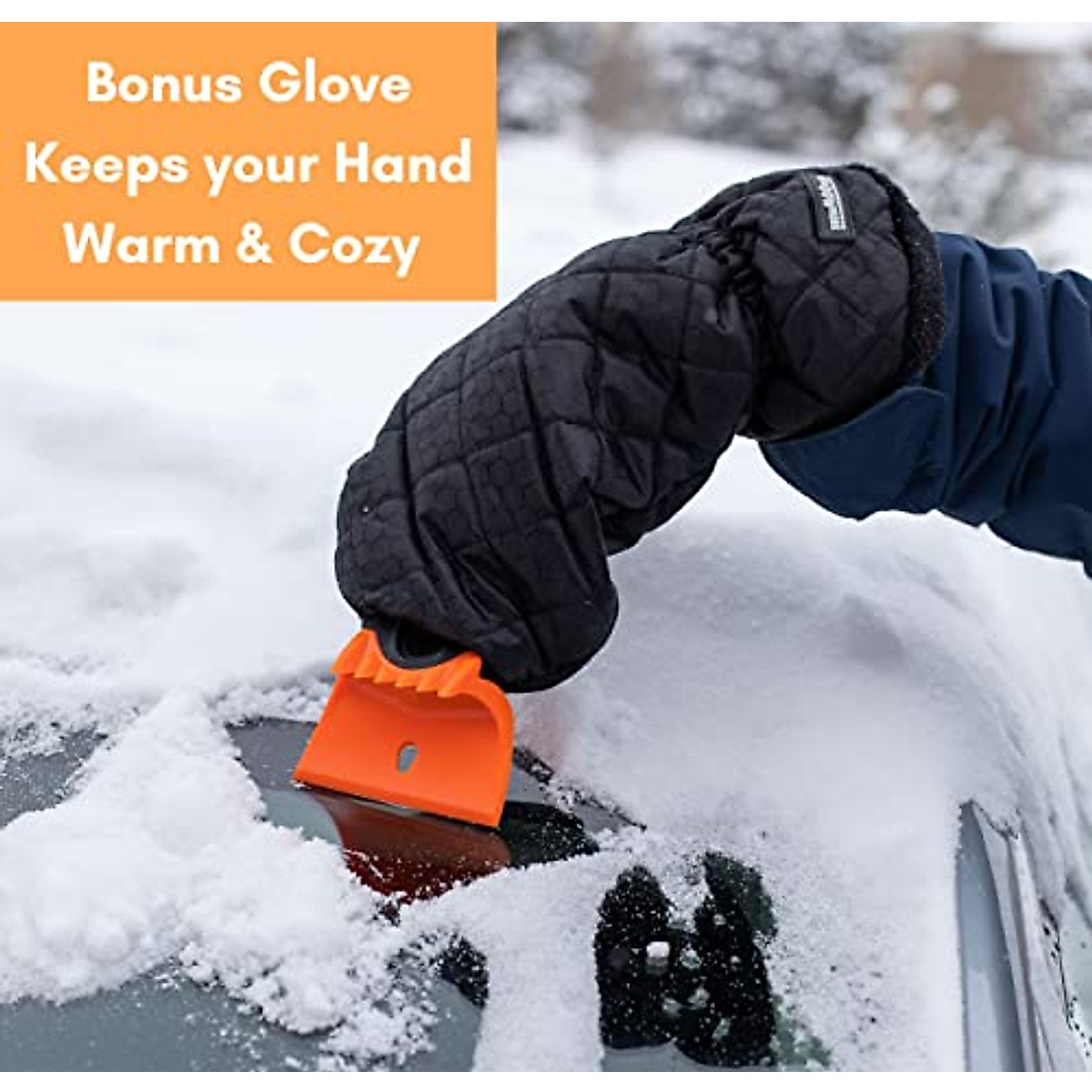 BIRDROCK HOME Ice Scraper and Breaker Combo for Car Windshield & Windows | Water Resistant & Large Padded Glove | Wide 4" Blade | Non-Scratch | Tough ABS Plastic