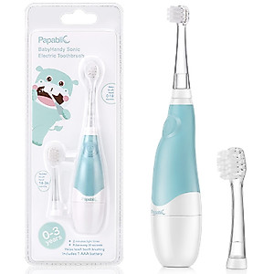 Papablic BabyHandy 2-Stage Sonic Electric Toothbrush for Babies and Toddlers Ages 0-3 Years, Bundle with Replacement Toothbrush Heads - 2 Count (18-36 Months)