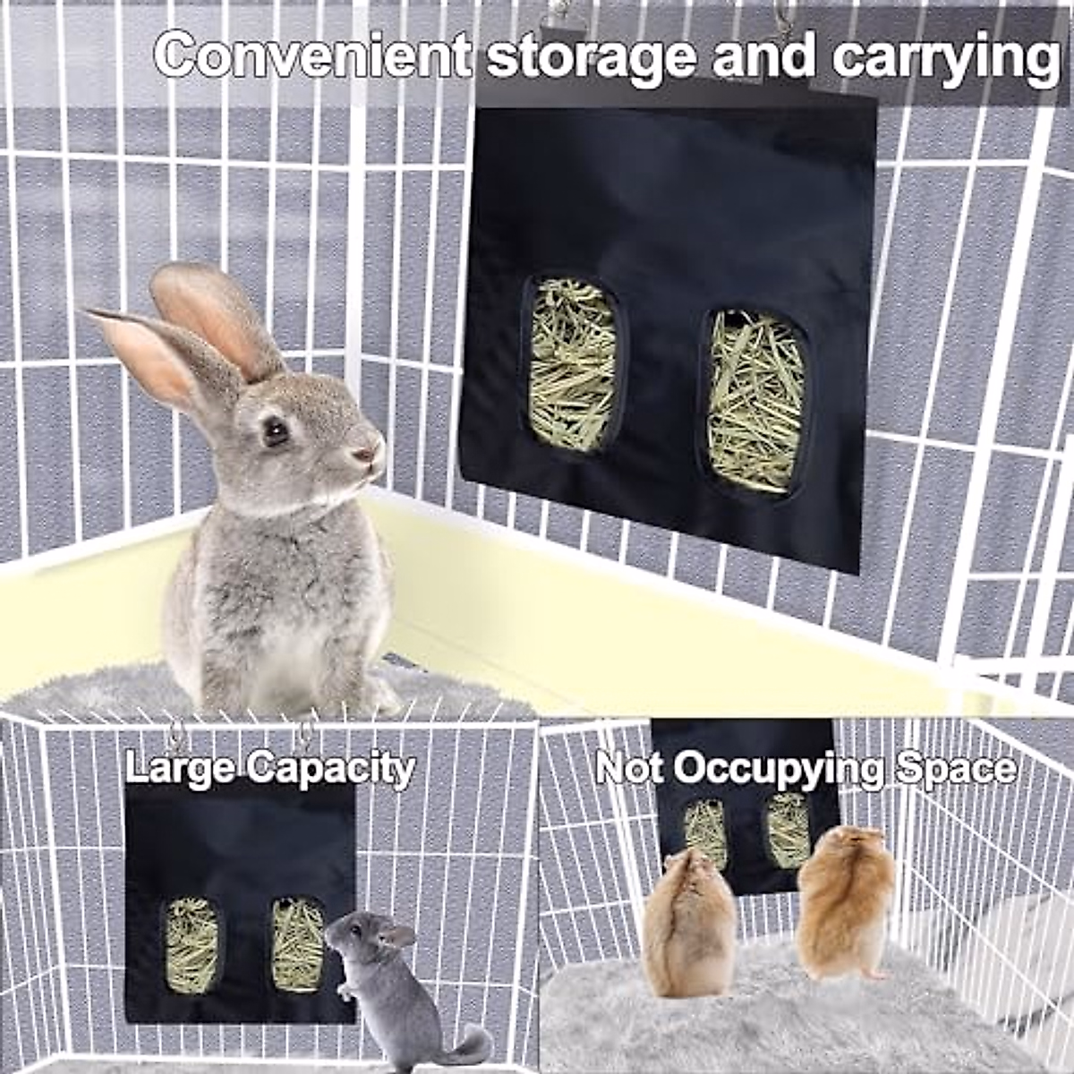 Lemcrvas Hay Feeder Bag, 2Pcs - 600D Oxford Cloth, 11x9.4in, 2 Holes, for Rabbit, Guinea Pig, Hamster, Chinchilla, Holds Large Hay, Reduces Mess, Easy to Use
