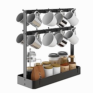 ZDDLOINP Aluminum Alloy Coffee Mug Holder with Movable Hooks, 16 Capacity Coffee Cup Holder for Countertop, 2 Tier Mug Tree Holder Rack with Storage Base for Coffee Pod, Sugar Bags, Paper Cups