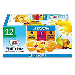 Dole Fruit Bowls No Sugar Added Variety Pack, Peaches, Mandarin Oranges & Cherry Mixed Fruit, Back To School, Gluten Free Snack, 4oz, 12 Cups