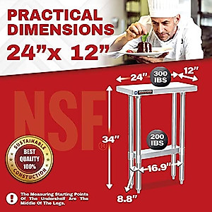 Food Prep Stainless Steel Table - DuraSteel 24 x 12 Inch Commercial Metal Workbench with Adjustable Under Shelf - NSF Certified - For Restaurant, Warehouse, Home, Kitchen, Garage