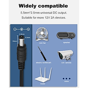 DC 12 Volt 2 Amp Power Supply 2A AC Adapter 100-240V 50-60Hz AC to DC 12V Power Cord with 5.5mmx2.5mm DC Outlet Plug & 10 Sizes of Tips for LED Strip Light Speaker Router CCTV Camera [ DC 12V 2A ]