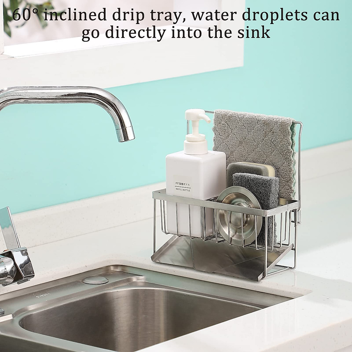 JINSILU Sink Caddy with Drain Tray, Kitchen Sink Caddy for ponge Dish Brush Soap, Kitchen Sink Organizer for Kitchen Bathroom, Sus304 Stainless Steel Rustproof