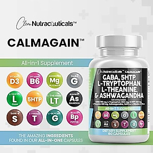Clean Nutraceuticals GABA 750mg 5 HTP 200mg L Tryptophan 500mg L Theanine 200mg Ashwagandha 3000mg SAM-e L-Glycine - Mood Support Vitamins for Women and Men with L-Tyrosine - Count