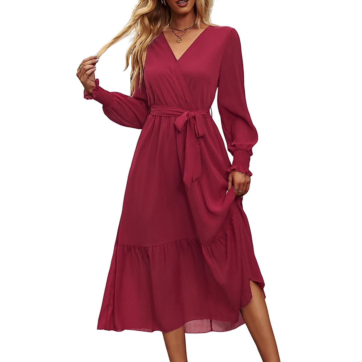 PRETTYGARDEN Women's Floral Print Boho Dress Long Sleeve Wrap V Neck Ruffle Belted A-Line Flowy Maxi Dresses (Solid Wine Red,Medium)