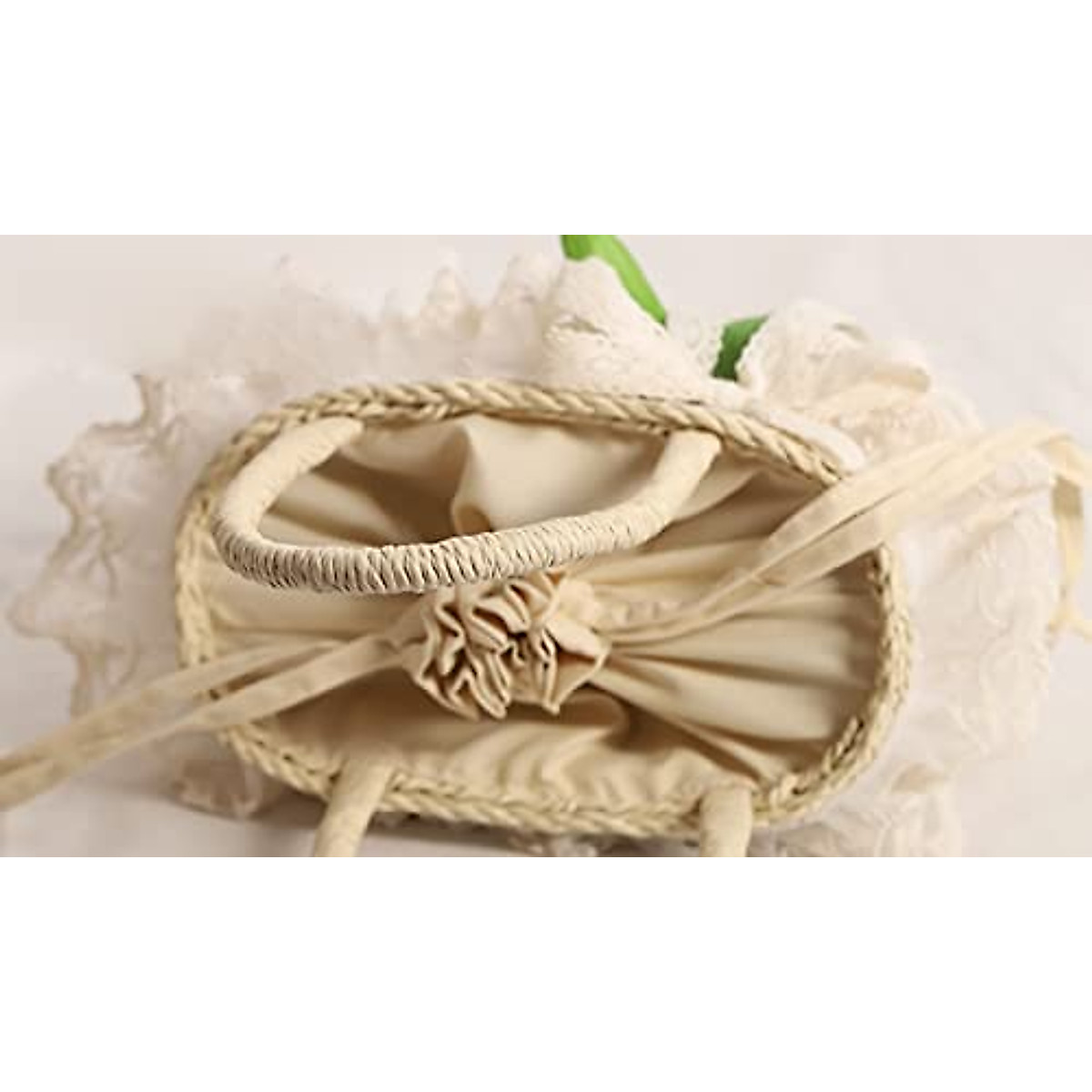 GK-O Mori Girls Handmade Straw Bag Handbag Basket Woven Bag Sweet Knit Lolita Lace Bag Summer Rattan bag (White)