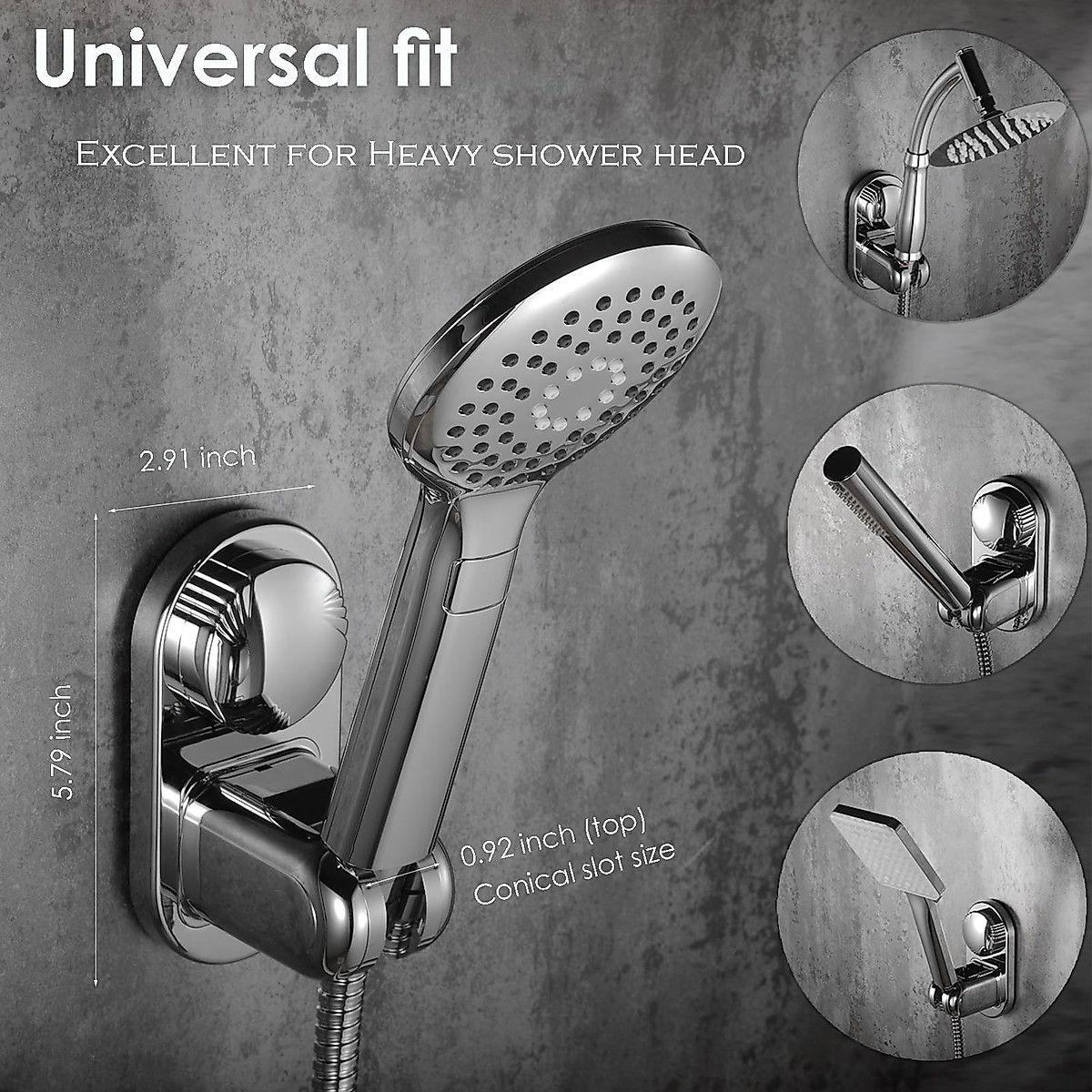 Suction cup Handheld Shower Head Holder - 5 Angles Adjustable - Unique Horizontal Setting - Large Shower Head Supports, Relocatable - Wall mounted with Vacuum Power (Chrome)