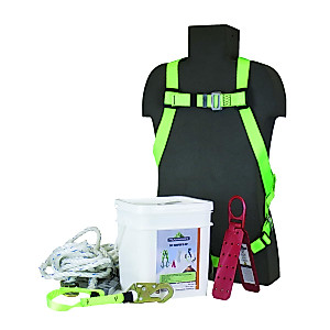 Peakworks OSHA Compliant, Fall Protection Roofer's Kit, Safety Harness (Universal Fit), Rope Grab, 25' Vertical Lifeline, and Reusable Roof Bracket, White/Green, V8257272