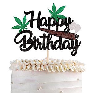 1 Pack Happy Birthday Cake Topper Glitter 420 Birthday Theme Cake Pick Pot Weed Leaves Cake Decorations for Men Women 420 Happy Birthday Party Supplies