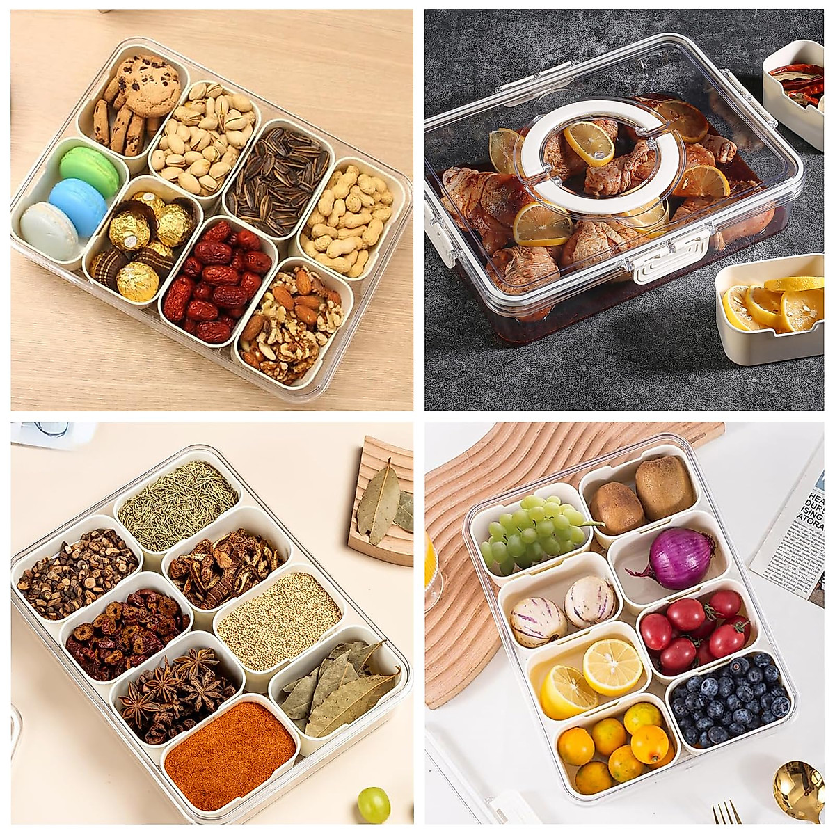 2Pcs Divided Serving Tray with Lid and Handle, Clear Snack Travel Storage Container, Multi Grid Food Storage Container for Parties, Fruits, Nuts, Candies, Travel, Picnics (8 compartments)