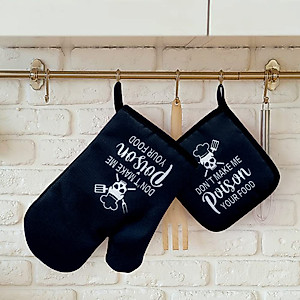 Don't Make Me Poison Your Food,Oven Mitts and Pot Holders Sets of 2，Funny Oven Mitt，Silicone Non-Slip Oven Mitts,Cute Housewarming Gift,Perfect for Kitchen,Cooking,Baking,Grilling