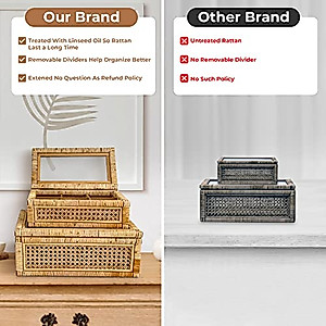 OTOKOHM Rattan Decorative Box With Lid & Removable Divider - Decorative Boxes For Home Decor - Boho Decor Display Box - Decorative Storage Boxes With Lids - Rattan Box With Lid Set of 2