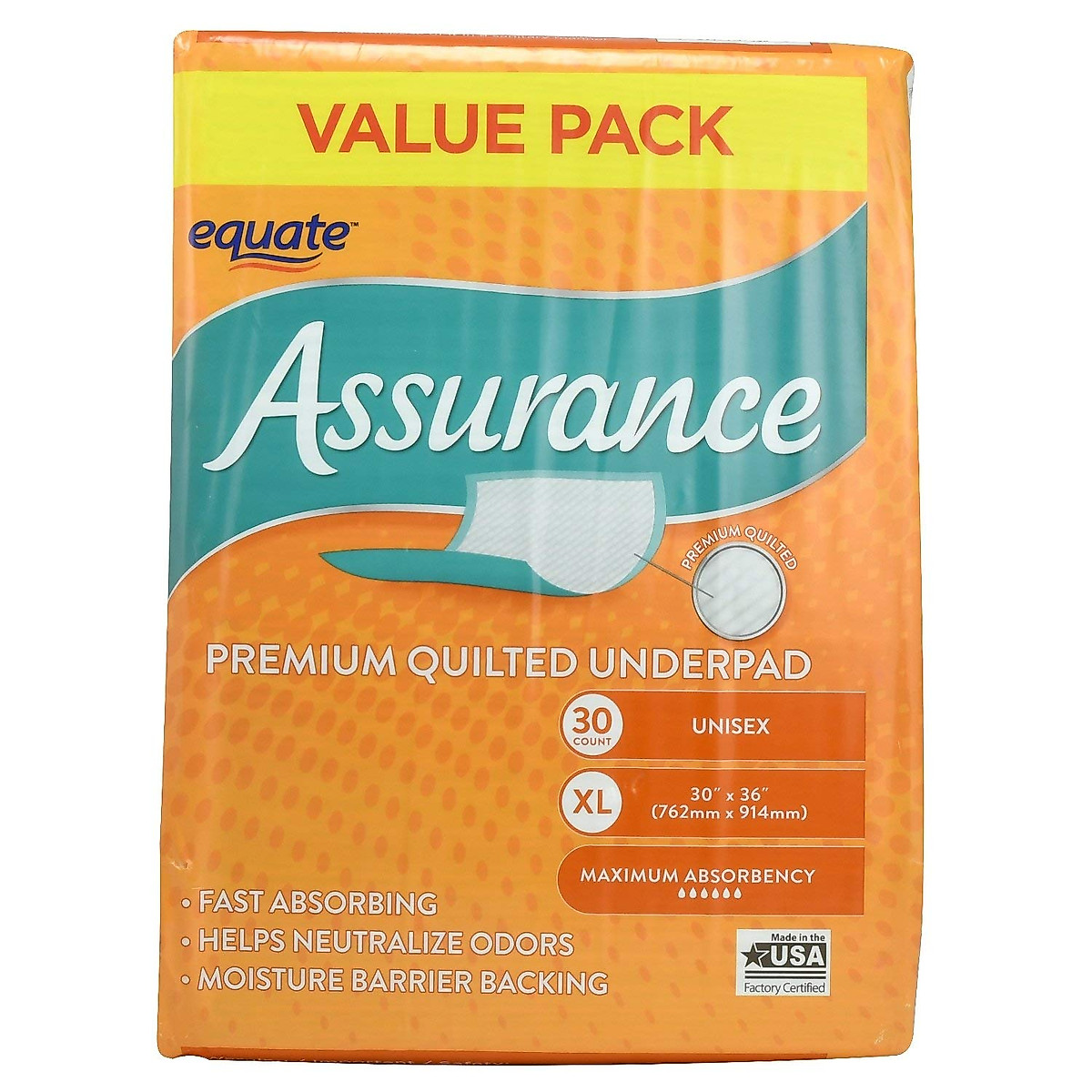 Equate Assurance Maximum Absorbency Unisex Premium Quilted Underpad Value Pack, XL, 30 Count (Pack of 6)