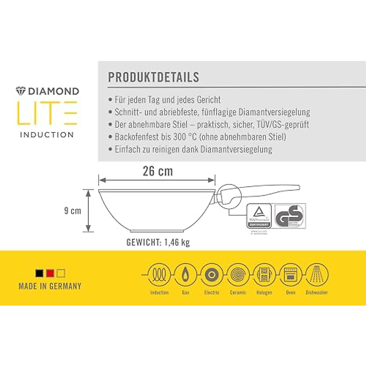 Woll 11026DPI Diamond Lite cast Wok, 26 cm Diameter, 9 cm Tall with Removable Handle