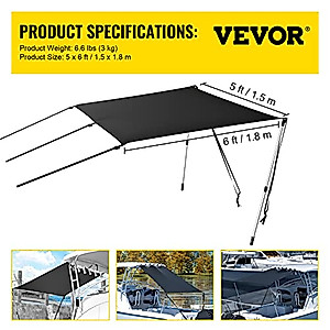 VEVOR T-Top Sun Shade Kit 6' x 5', UV-Proof 600D Polyester T-top Extension Kit with Rustproof Steel Telescopic Poles, Waterproof T-Top Shade Kit, Easy to Assemble for T-Tops ＆ Bimini Top