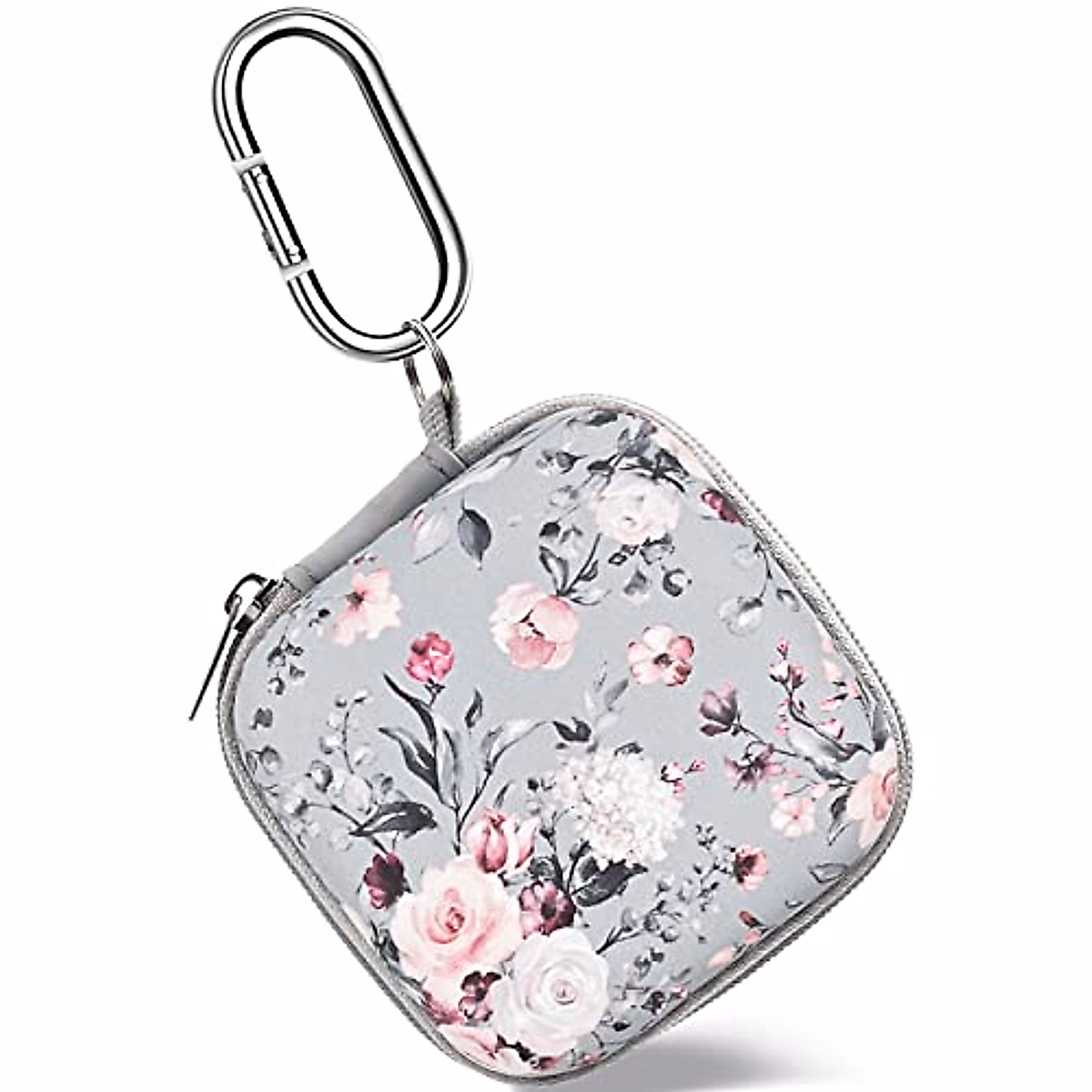 KOUJAON Square Earbud Case, Headphone Organizer Wired Ear Bud Case Portable EVA Carrying Case Storage Bag with Carabiner for Airpods Pro Beats Bose Galaxy Buds Data Cable Storage (Pink Rose)