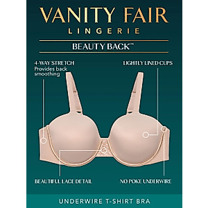 Vanity Fair Womens Full Figure Beauty Back Smoothing Bra, 4-way Stretch Fabric, Lightly Lined Cups Up To H Bra, Underwire - Beige, 38D US