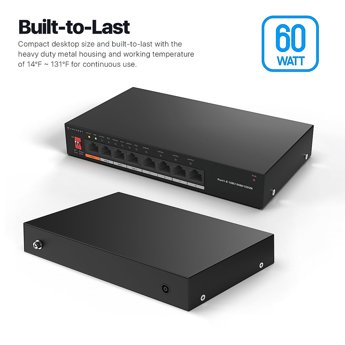 Amcrest 8-Port Switch with 4-Ports POE+ 802.3af/at 60W, Metal Housing, (AGPS8E4P-AT-60-V2)