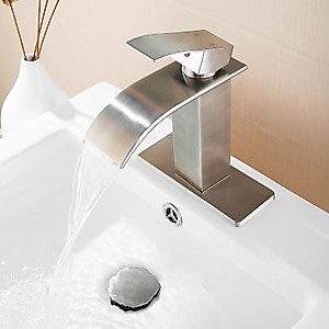 Fransiton Brushed Nickel Waterfall Bathroom Faucet Lavatory Single Handle 1 or 3 Hole Bathroom Sink Faucet Washbasin Faucet with Deck and Pop-up Drain
