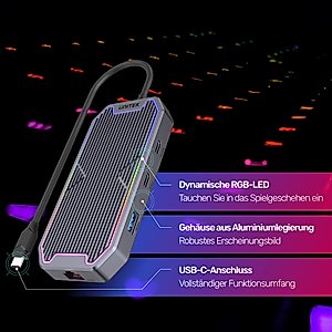 Unitek D1029A - uHUB S7+ 7-in-1 USB-C Hub with 10Gbps Data, HDMI and PD 100W / HDMI 2.0, USB 3.2 Gen 2 / Active/USB-C / 2X USB-A Port / 2X USB-C Port/Mini Jack 3.5 mm/RGB LED Lights