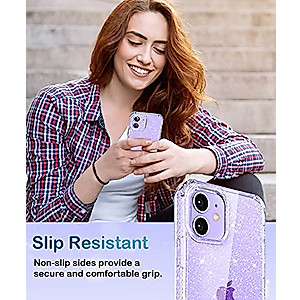 MIODIK for iPhone 12 Case and iPhone 12 Pro Case with Phone Stand, [Not Yellowing] Clear Glitter Shockproof Protective Phone Case, [Non-Slip] Slim Cover for Women Girls 6.1 Inch - Sparkle Clear