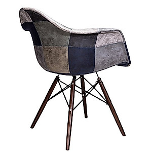 CozyBlock Mooku Blue & Gray Patchwork Leatherette Fabric Upholstered DAW Dining Accent Arm Chair with Dark Walnut Leg